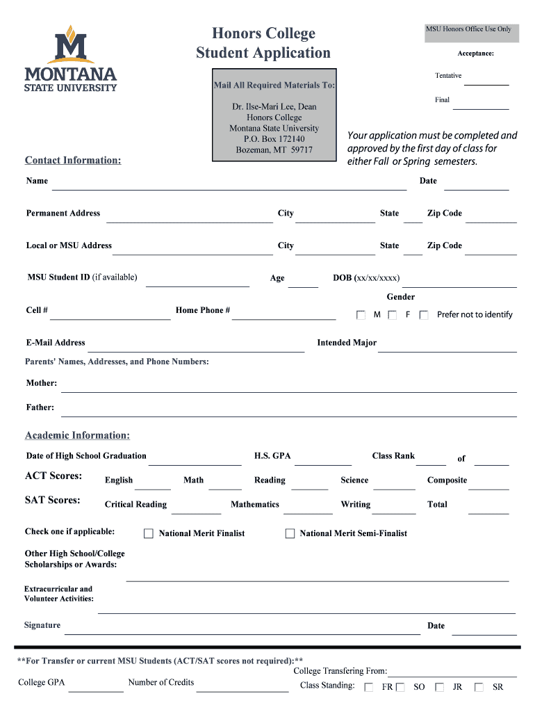 Fillable Online montana Honors College Student Application - Montana State University Fax Email ...