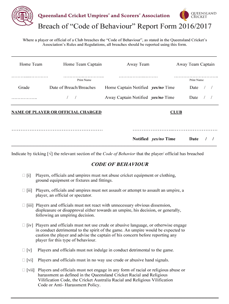 Fillable Online Code of Behaviour Report Form 2016-17 Fax Email Print ...