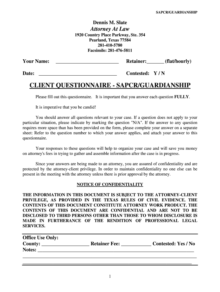Fillable Online SAPCR Questionnaire - Pearland Divorce Attorney Fax ...