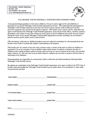 Fillable Online TALLMADGE YOUTH FOOTBALL PARTICIPATION CONSENT FORM Fax ...