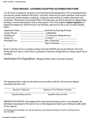 Fillable Online towson FOOD SERVICE / CATERING EXCEPTION AUTHORIZATION ...