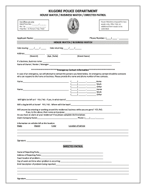 Fillable Online HOUSE WATCH / BUSINESS WATCH / DIRECTED PATROL Fax ...