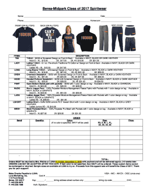 Fillable Online berea k12 oh Class of 2017 Apparel Order Form - berea ...
