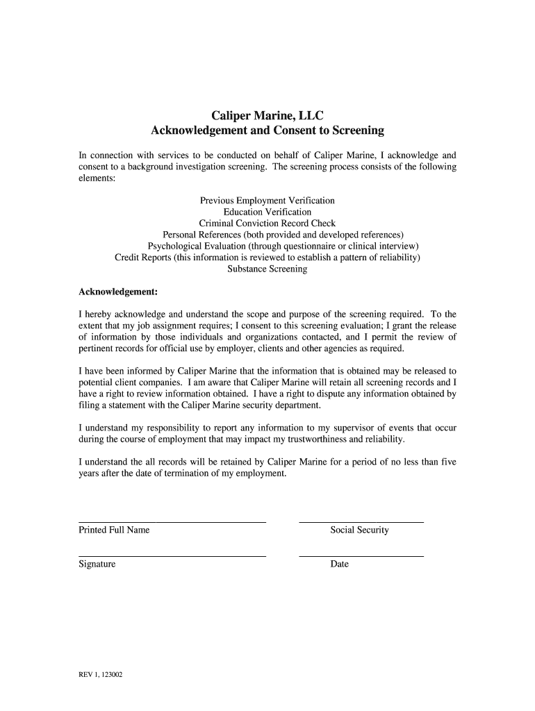 Fillable Online Acknowledgement and Consent to Screening ...