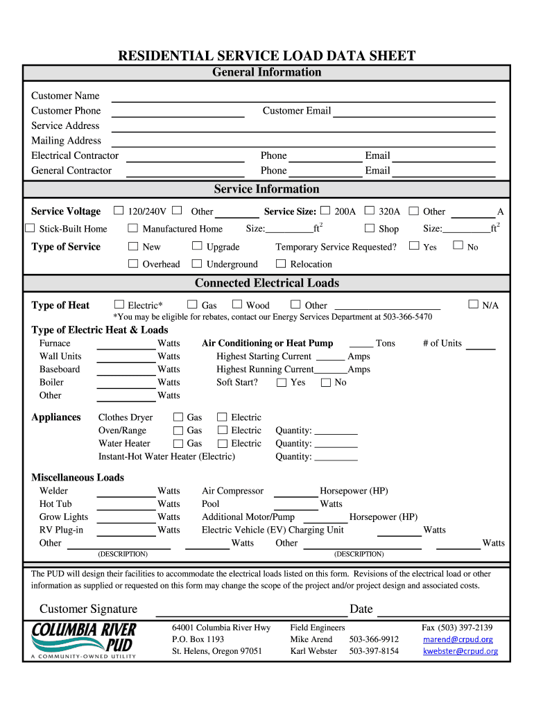 Fillable Online RESIDENTIAL SERVICE LOAD DATA SHEET - crpud.net Fax ...