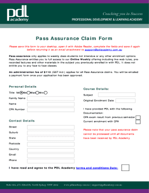 Fillable Online Pass Assurance Claim Form - PDL Academy Fax Email Print ...