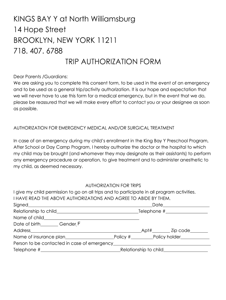 Fillable Online northwilliamsburgy TRIP AUTHORIZATION FORM ...