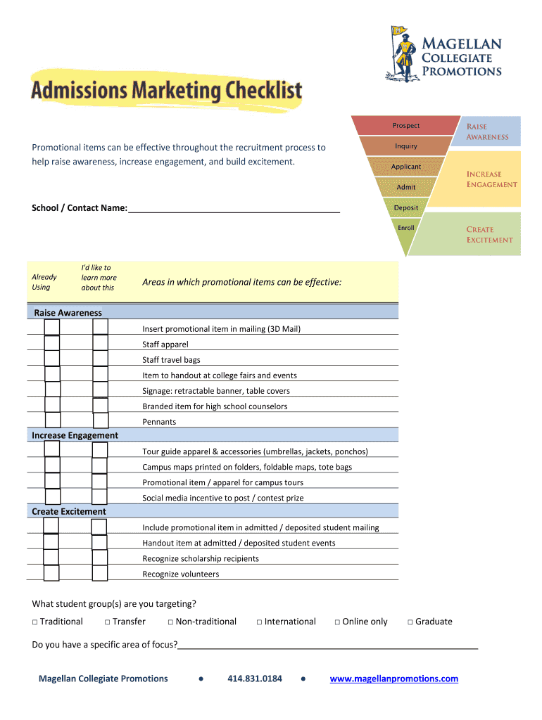 Fillable Online Admissions Marketing Checklist - Magellan Promotions Fax Email Print - pdfFiller