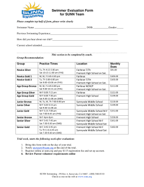 Fillable Online Swimmer Evaluation Form for SUNN Team Fax Email Print ...