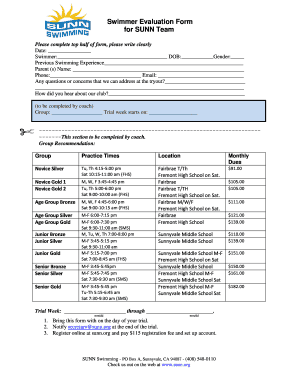 Fillable Online Swimmer Evaluation Form for SUNN Team Fax Email Print ...