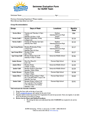 Fillable Online Swimmer Evaluation Form for SUNN Team Fax Email Print ...