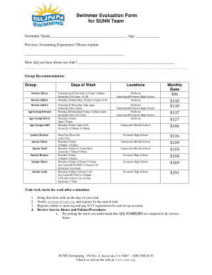 Fillable Online Swimmer Evaluation Form for SUNN Team Fax Email Print ...