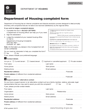Fillable Online Department of Housing complaint form. Complaints and ...