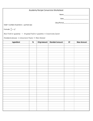 Fillable Online Academy Recipe Conversion Worksheet Fax Email Print ...