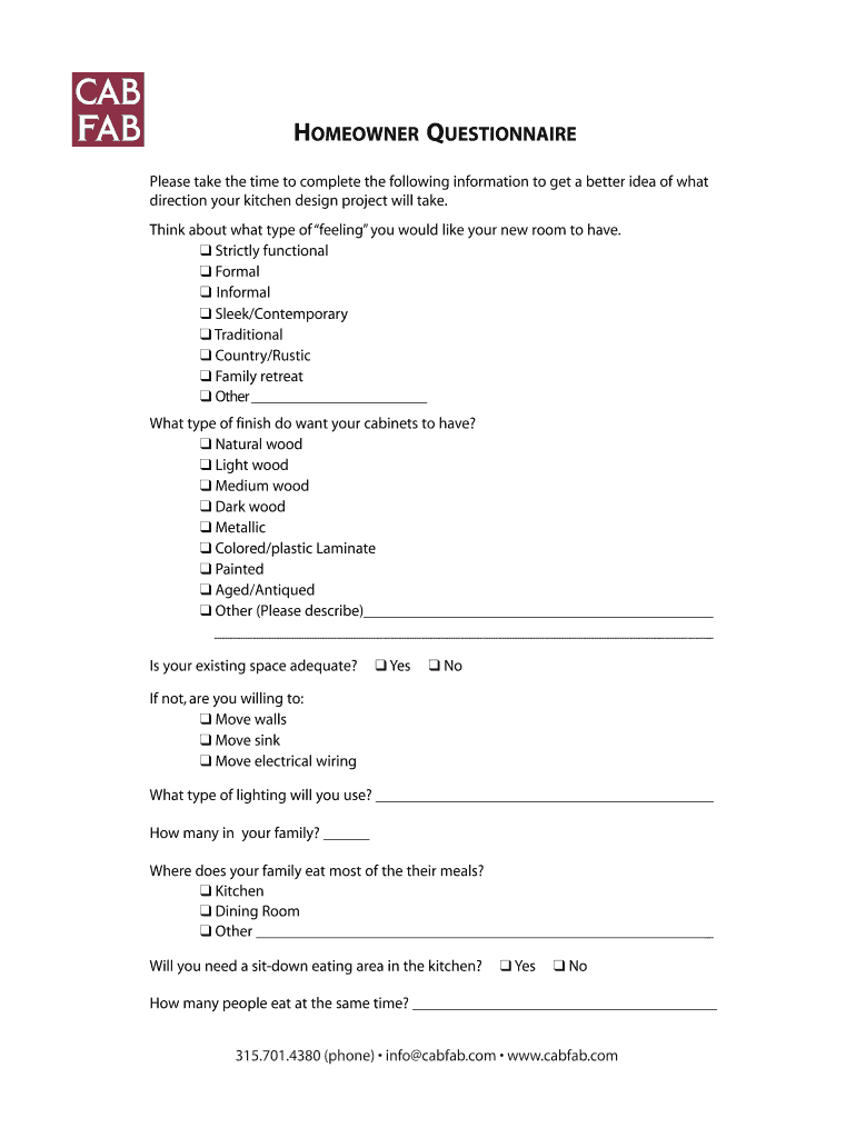 Fillable Online HOMEOWNER QUESTIONNAIRE - CabFab Fax Email Print ...