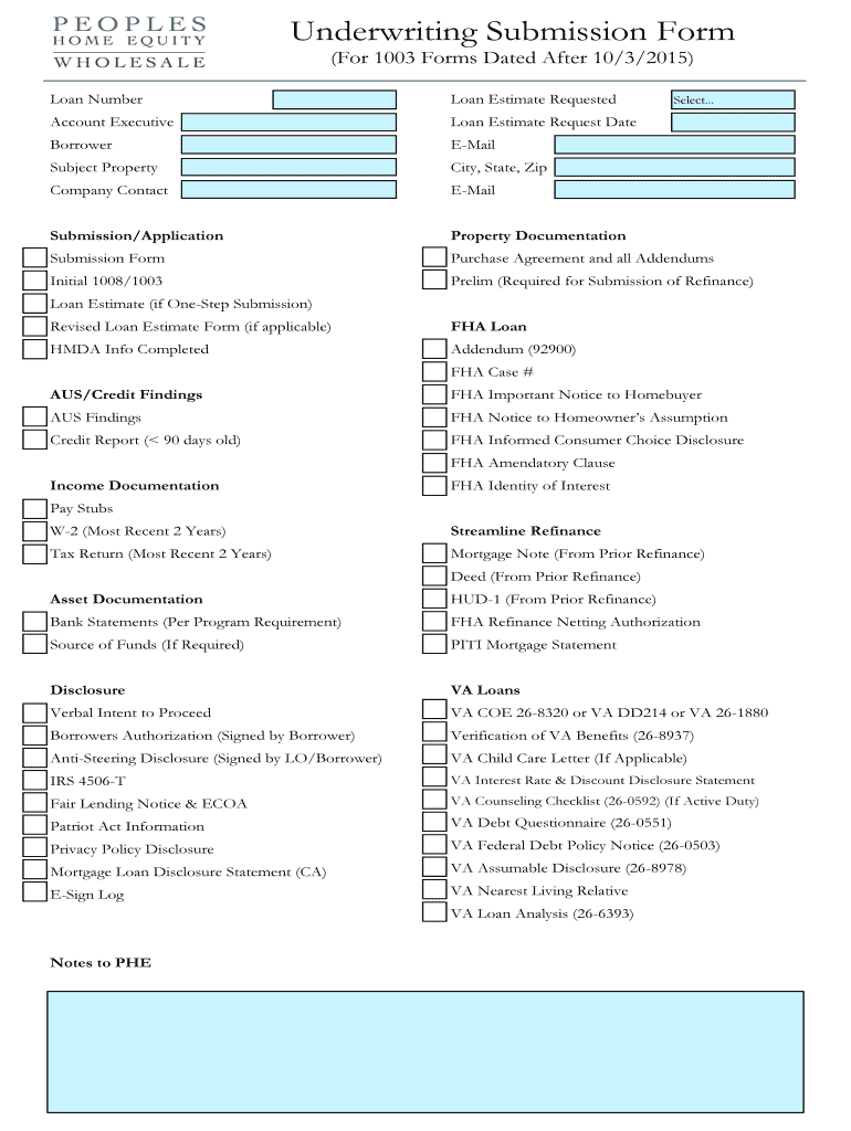 Fillable Online Underwriting Submission Form - phewholesale.com Fax Email Print - pdfFiller