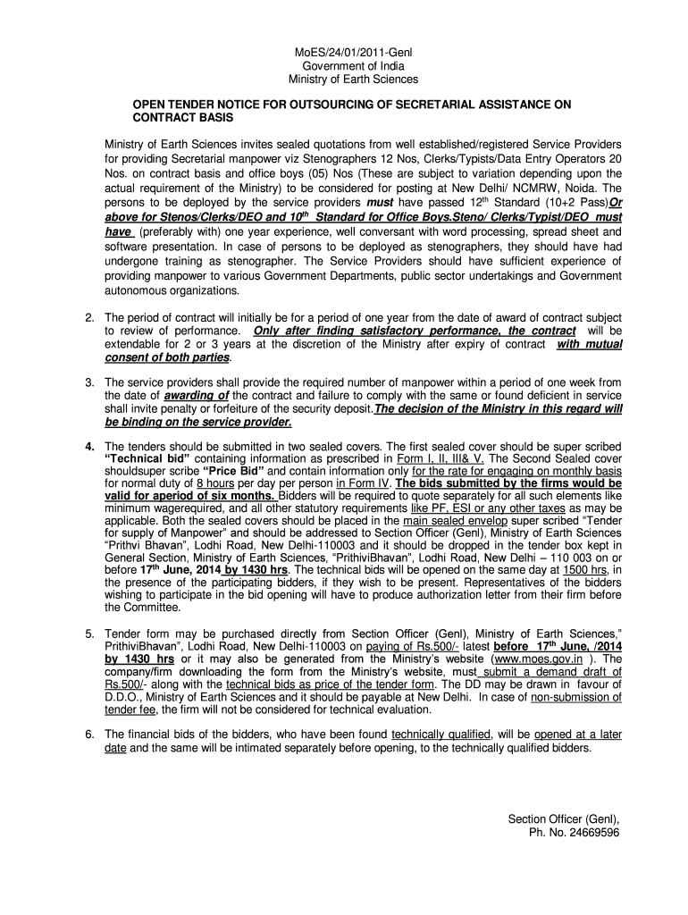 Fillable Online OPEN TENDER NOTICE FOR OUTSOURCING OF SECRETARIAL ...