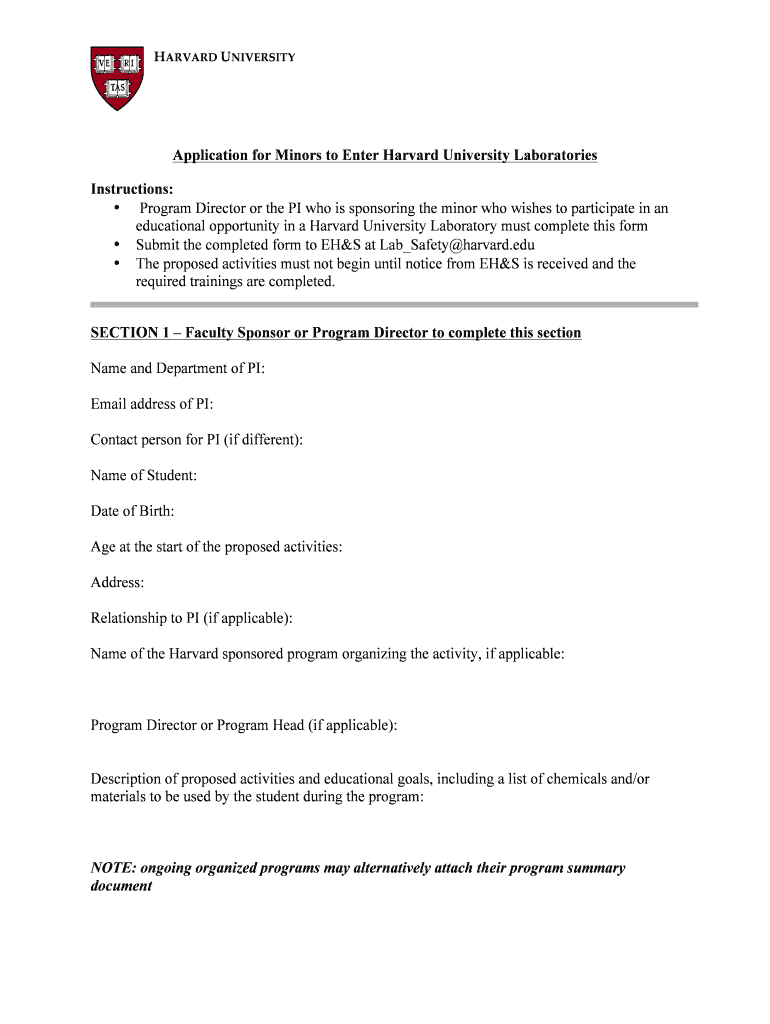 Fillable Online youthprotection harvard Application for Minors to Enter ...