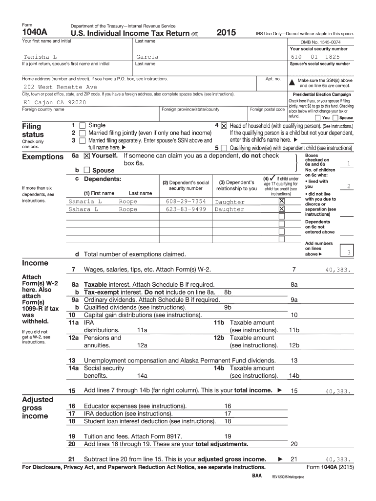 Fillable Online Form 1040A U.S. Individual Income Tax Return 2015 Fax ...