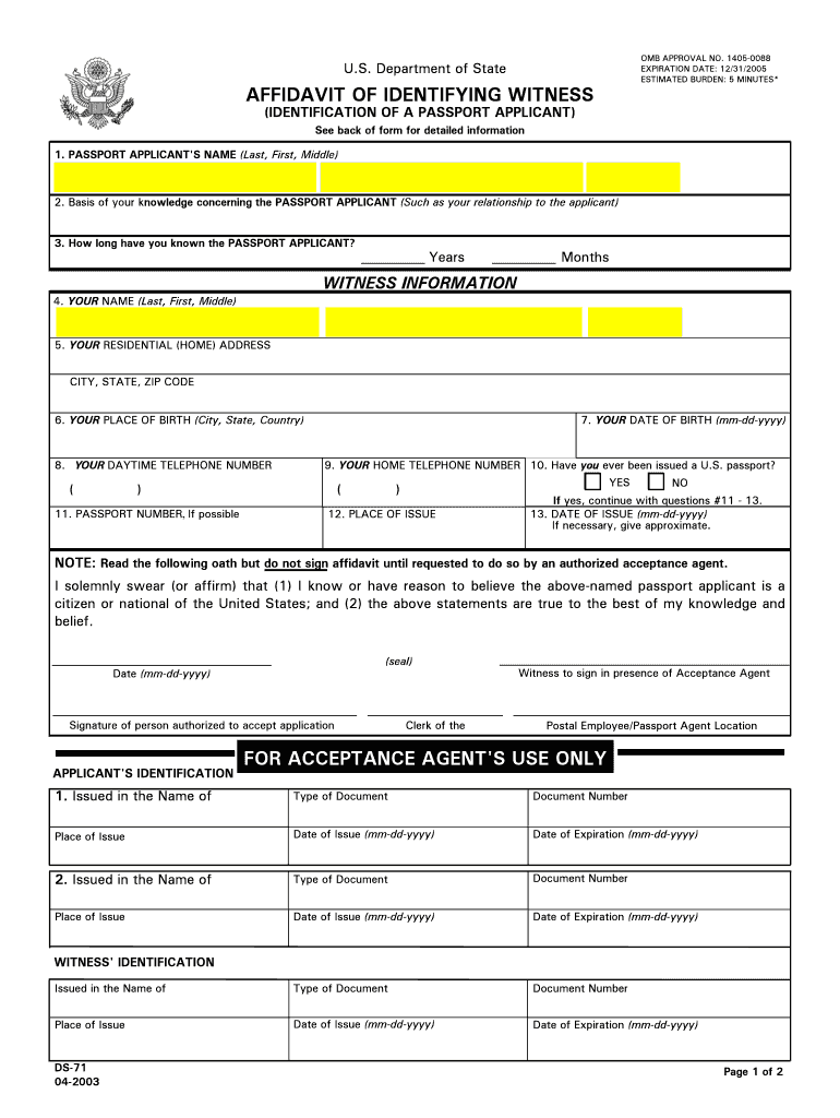 Fillable Online DS-71 Affidavit of Identifying Witness Fax Email Print - pdfFiller