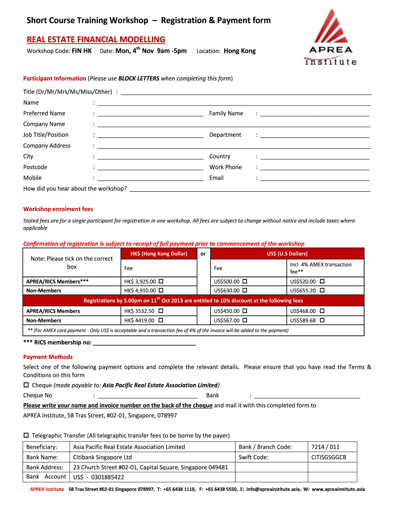 Fillable Online aprea Short Course Training Workshop Registration ...