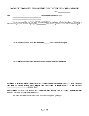 Fillable Online NOTICE OF TERMINATION OF LEASE SEVEN (7) DAY NOTICE TO ...