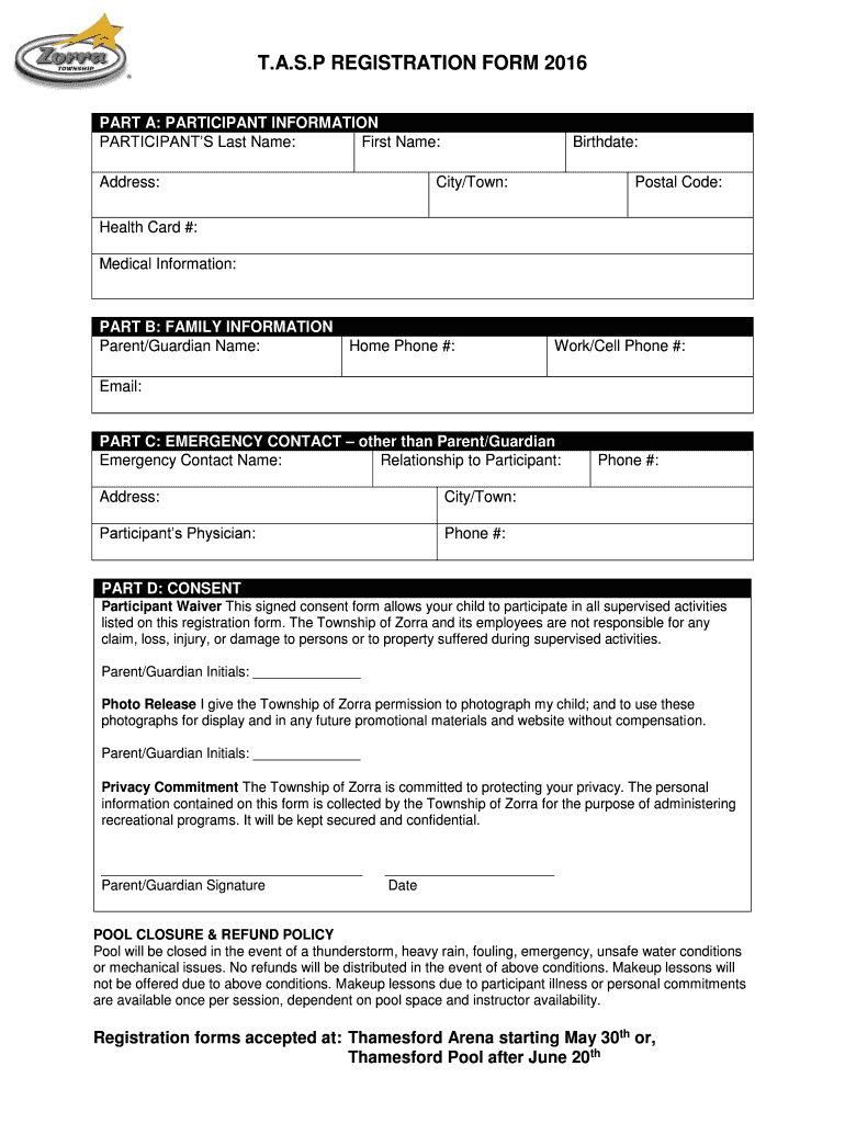 Fillable Online T.A.S.P REGISTRATION FORM 2016 - Zorra Fax Email Print ...