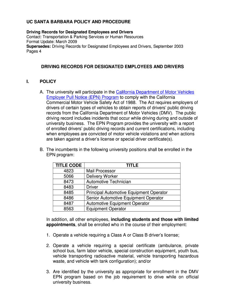 Fillable Online Driving Records for Designated Employees and Drivers ...