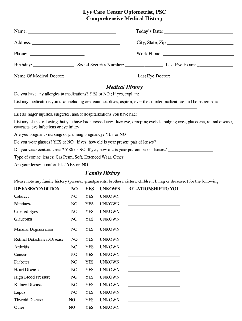 Fillable Online Eye Care Center Optometrist, PSC Comprehensive Medical ...