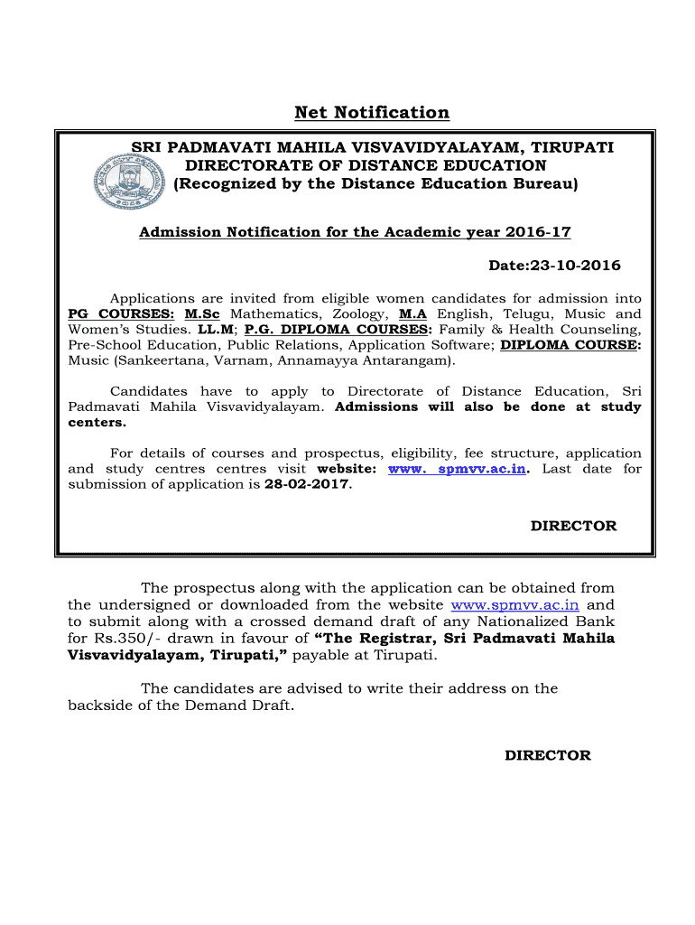 Fillable Online spmvv ac SRI PADMAVATI MAHILA VISVAVIDYALAYAM, TIRUPATI ...