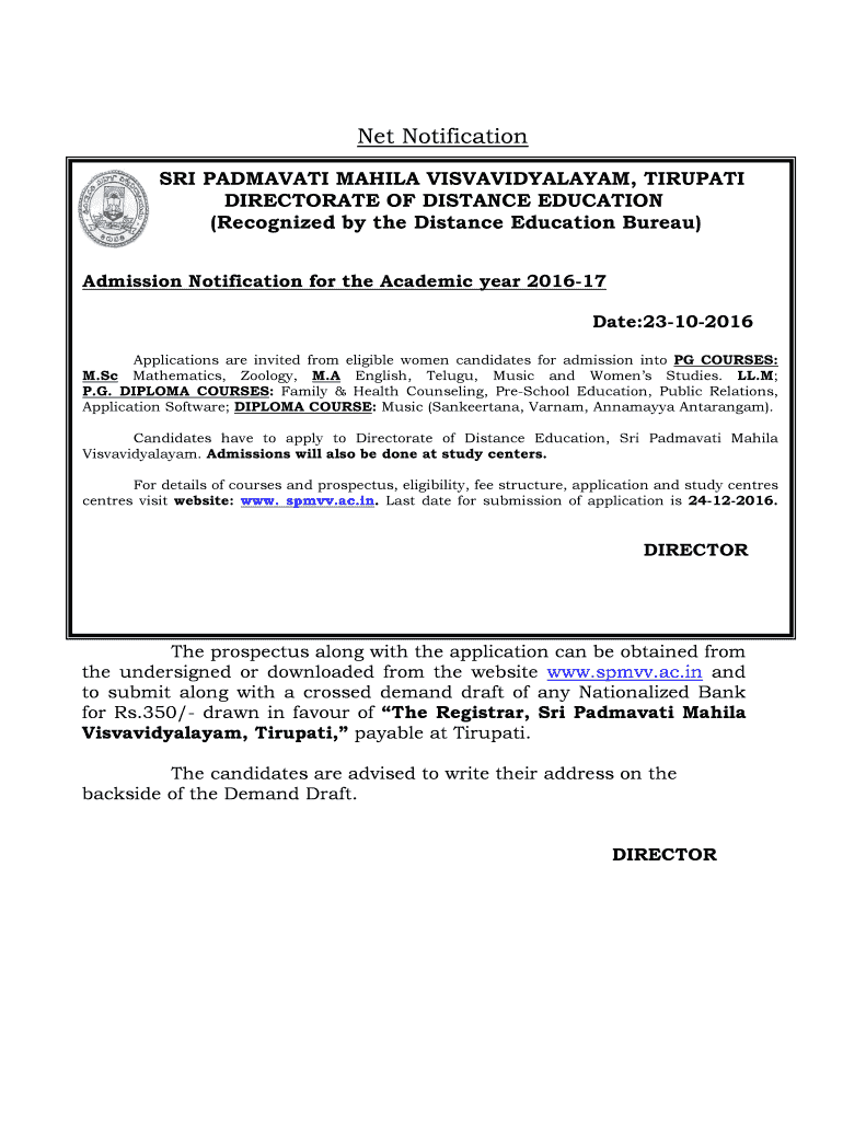 Fillable Online spmvv ac Net Notification - spmvv.ac.in - spmvv ac Fax Email Print - pdfFiller