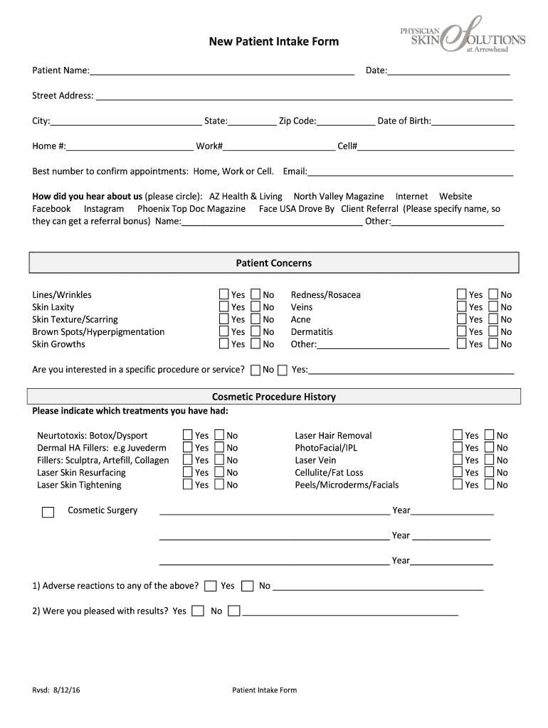 Fillable Online New Patient Intake Form - physicianskinarrowhead.com Fax Email Print - pdfFiller