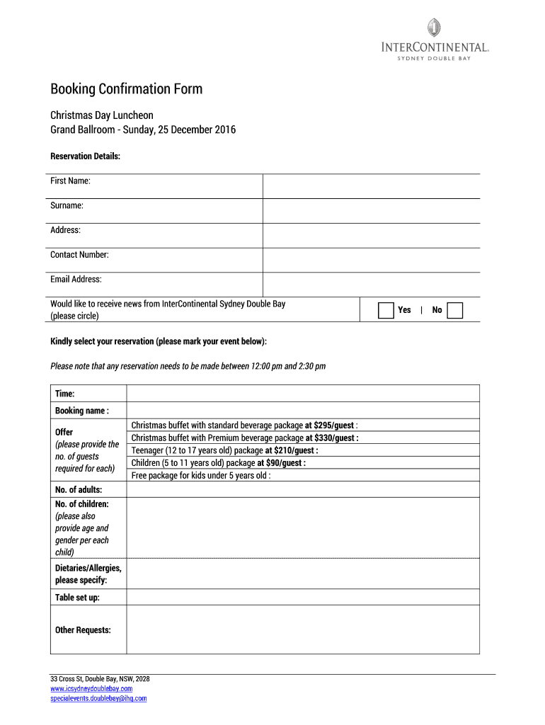 Fillable Online Booking Confirmation Form - InterContinental Sydney ...