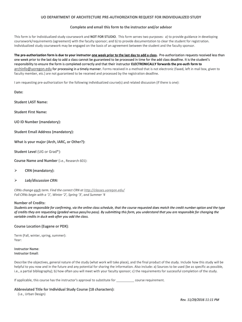 Fillable Online architecture uoregon Pre-Authorization Form - Department of Architecture ...