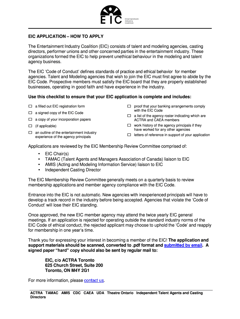 Fillable Online EIC APPLICATION HOW TO APPLY Use this checklist to ...