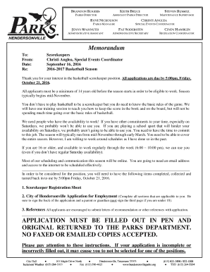 Fillable Online hendersonvilleparks Memorandum APPLICATION MUST BE ...