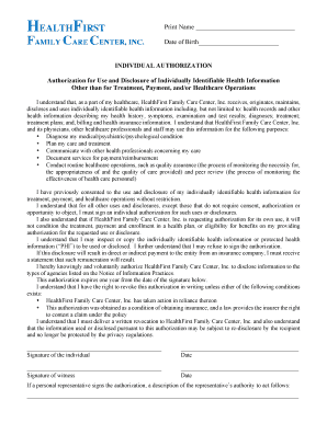 Fillable Online healthfirstfamily HIPAA Individual Authorization Form ...