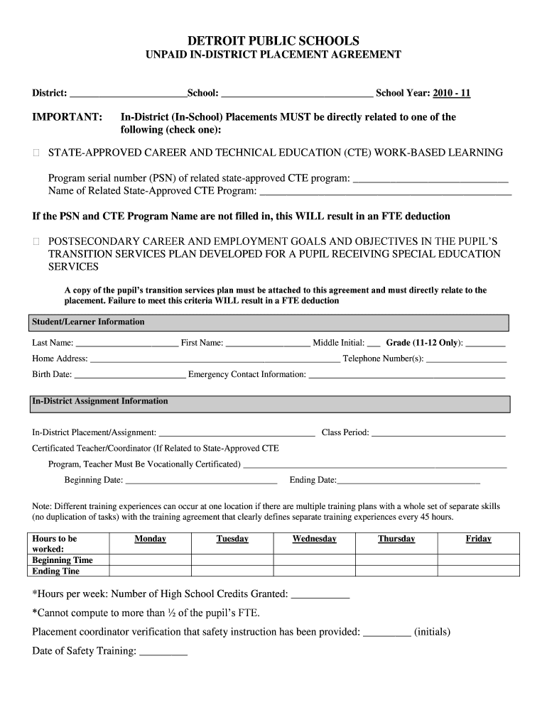 Fillable Online detroit k12 mi DETROIT PUBLIC SCHOOLS UNPAID IN-DISTRICT PLACEMENT AGREEMENT Fax ...