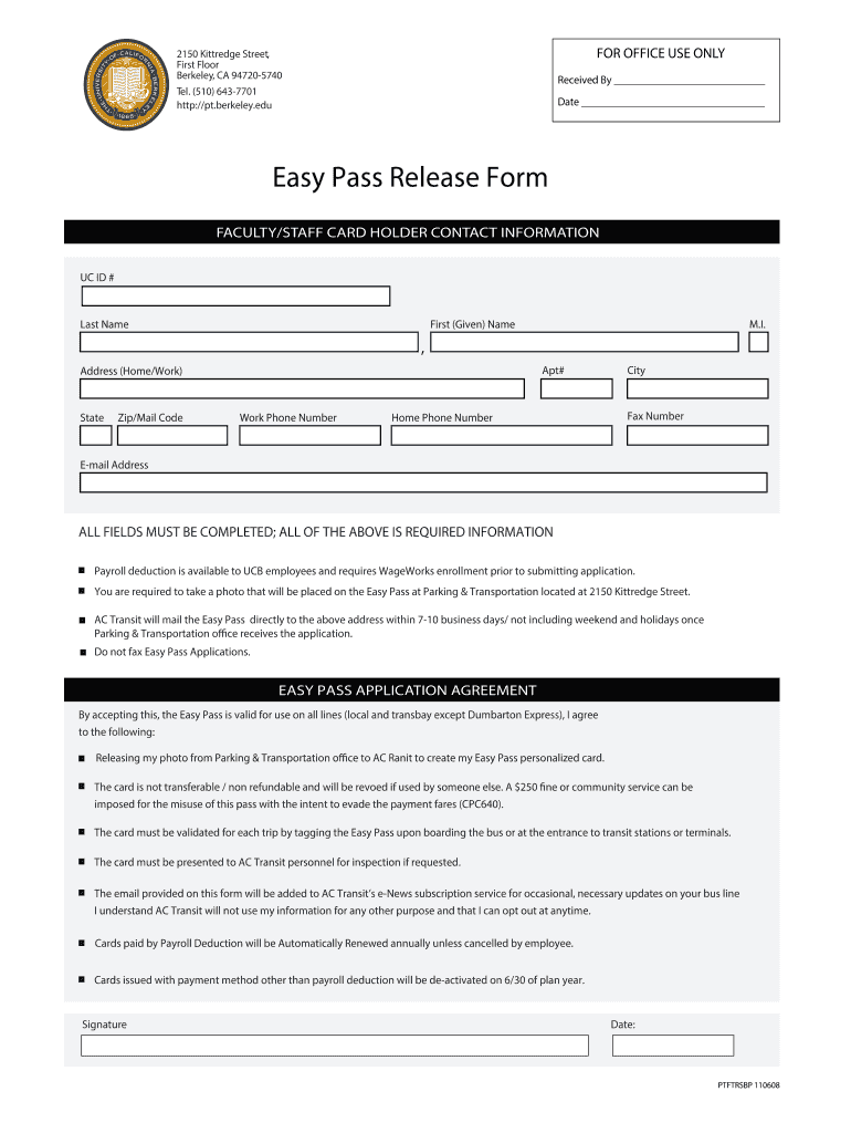 Fillable Online pt berkeley Easy Pass Release Form - pt.berkeley.edu ...