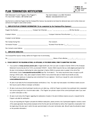 Fillable Online PLAN TERMINATION NOTIFICATION - abaretirement.com Fax ...