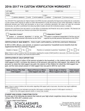Fillable Online financialaid arizona 2016-2017 V4 CUSTOM VERIFICATION WORKSHEET - financialaid ...