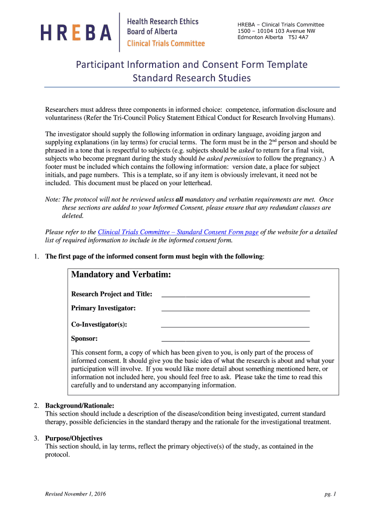 Fillable Online hreba Informed Consent Form Template Standard Research ...