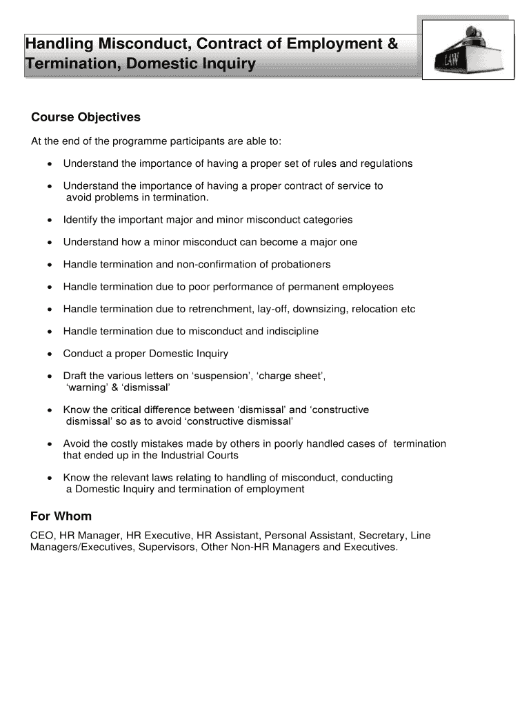 Fillable Online Handling Misconduct, Contract of Employment ...