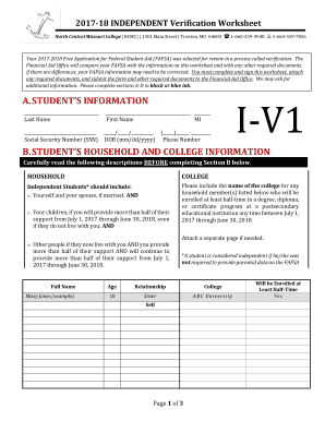 Fillable Online ncmissouri 2017-18 INDEPENDENT Verification Worksheet Fax Email Print - pdfFiller