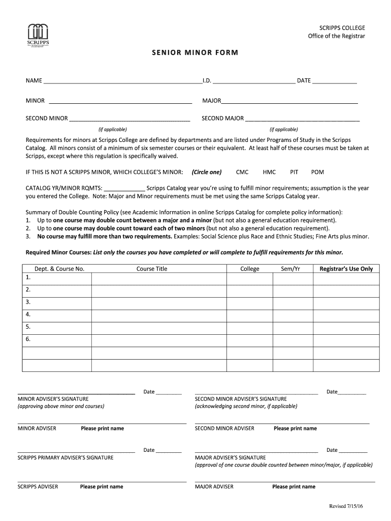 Fillable Online inside scrippscollege senior minor form - Inside ...