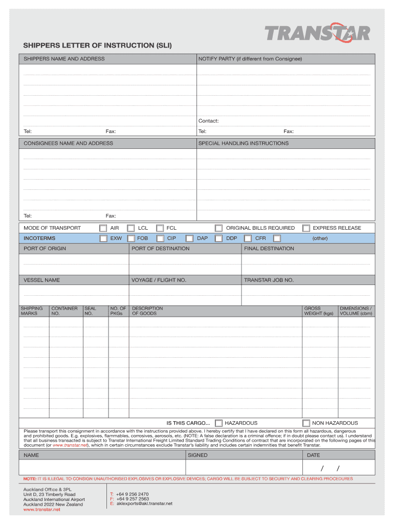 Fillable Online SHIPPERS LETTER OF INSTRUCTION (SLI) - transtar.net Fax ...