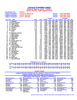 Fillable Online LEAGUE STANDING SHEET Fax Email Print - pdfFiller