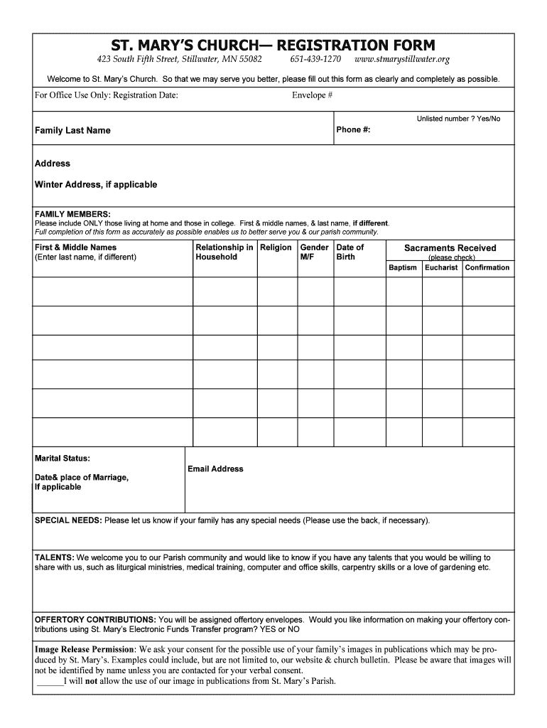 Fillable Online stmarystillwater ST. MARY S CHURCH REGISTRATION FORM ...
