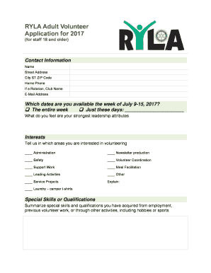 Fillable Online RYLA Adult Volunteer Application for 2017 Fax Email Print - pdfFiller