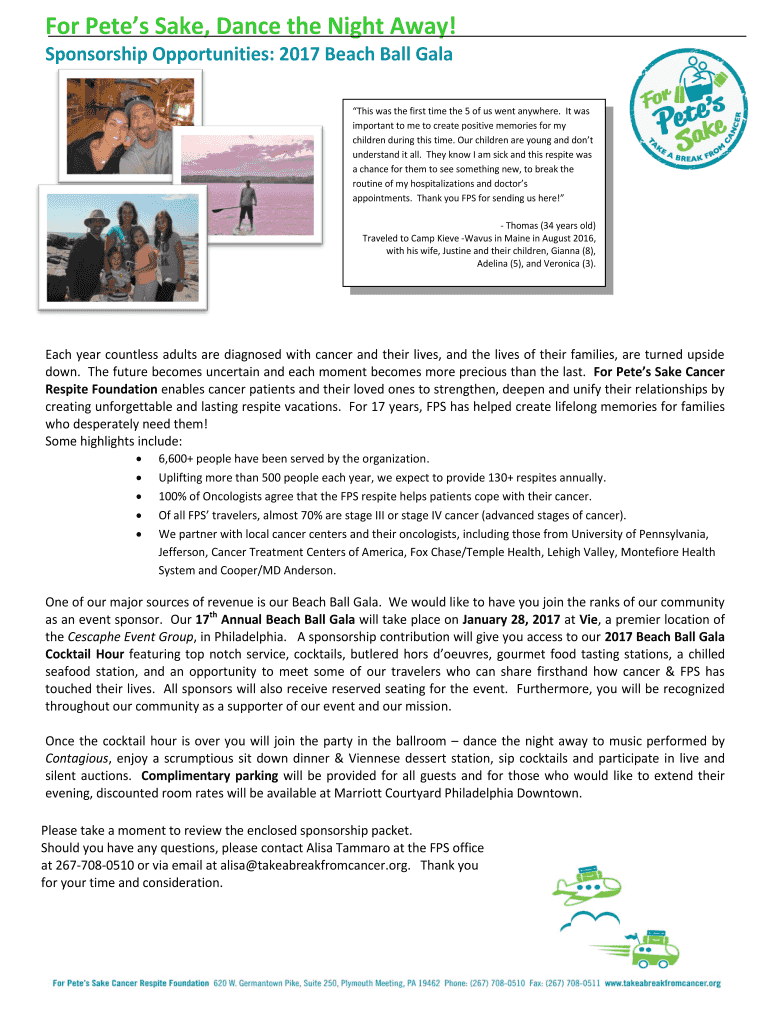 Fillable Online takeabreakfromcancer Sponsorship Opportunities: 2017 Beach Ball Gala - For Pete ...